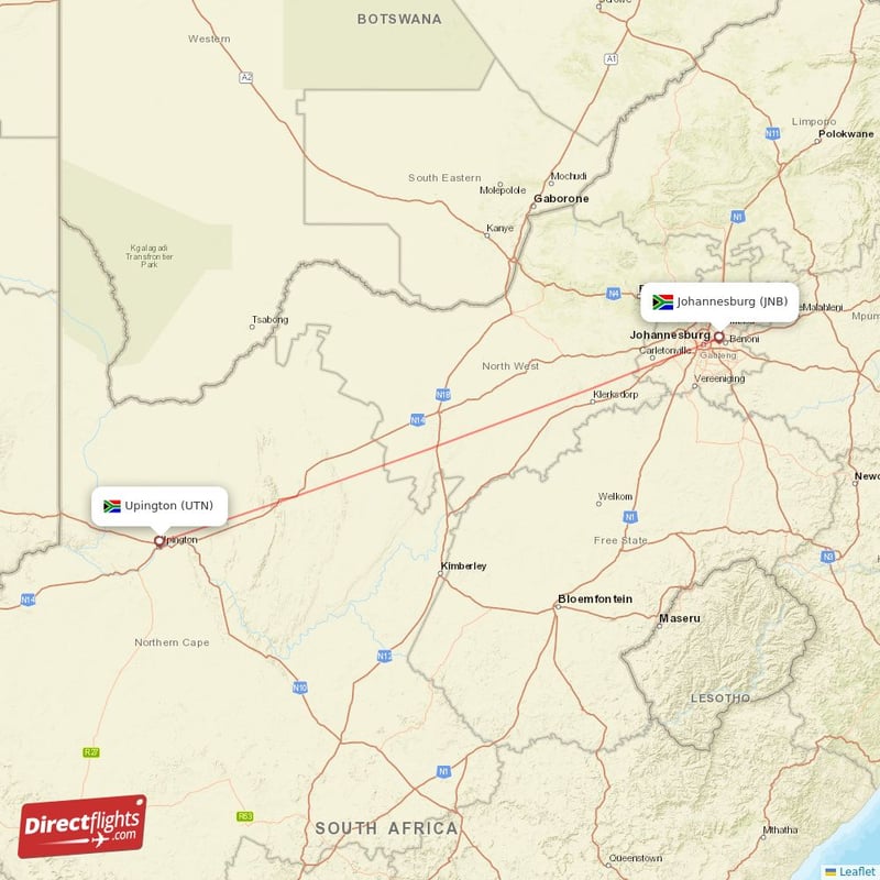 Direct flights from Johannesburg to Upington, JNB to UTN non-stop - Directflights.com