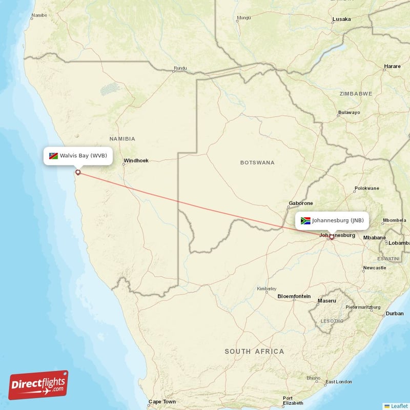 Direct flights from Johannesburg to Walvis Bay, JNB to WVB non-stop - Directflights.com