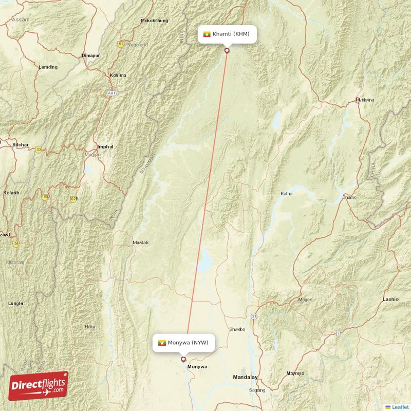 Direct flights from Khamti to Monywa, KHM to NYW non-stop ...