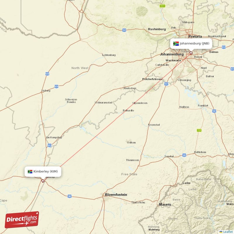 Direct flights from Kimberley to Johannesburg, KIM to JNB non-stop - Directflights.com