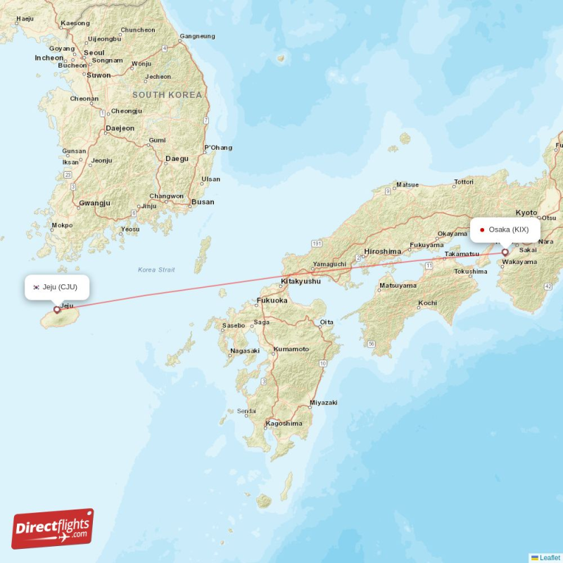 Direct flights from Osaka to Jeju (KIX-CJU) - Directflights.com