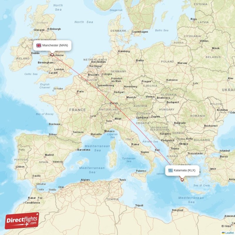 Direct flights from Kalamata to Manchester (KLX-MAN) - Directflights.com