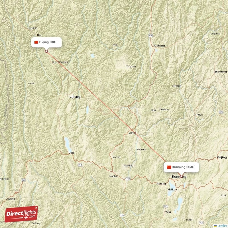 Direct flights from Kunming to Diqing, KMG to DIG non-stop ...