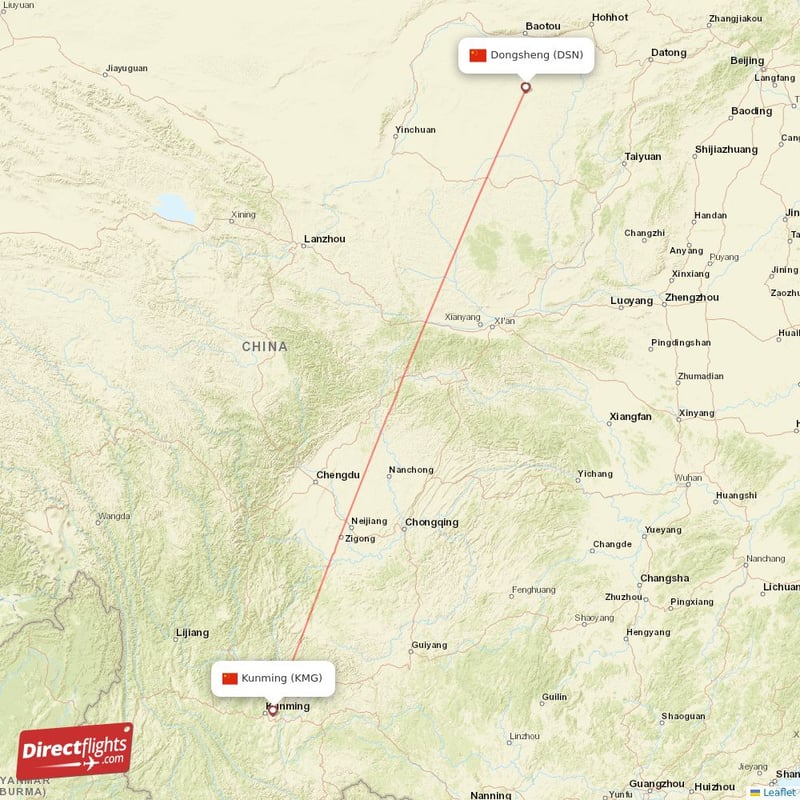 Direct flights from Kunming to Dongsheng, KMG to DSN non-stop ...