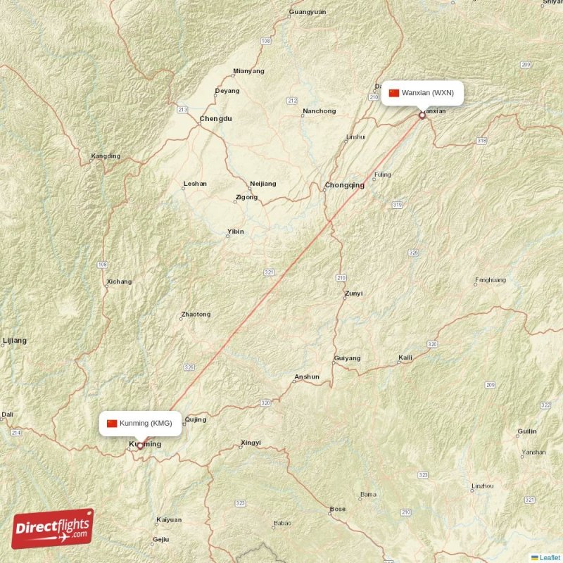Direct flights from Kunming to Wanxian (KMG-WXN) - Directflights.com