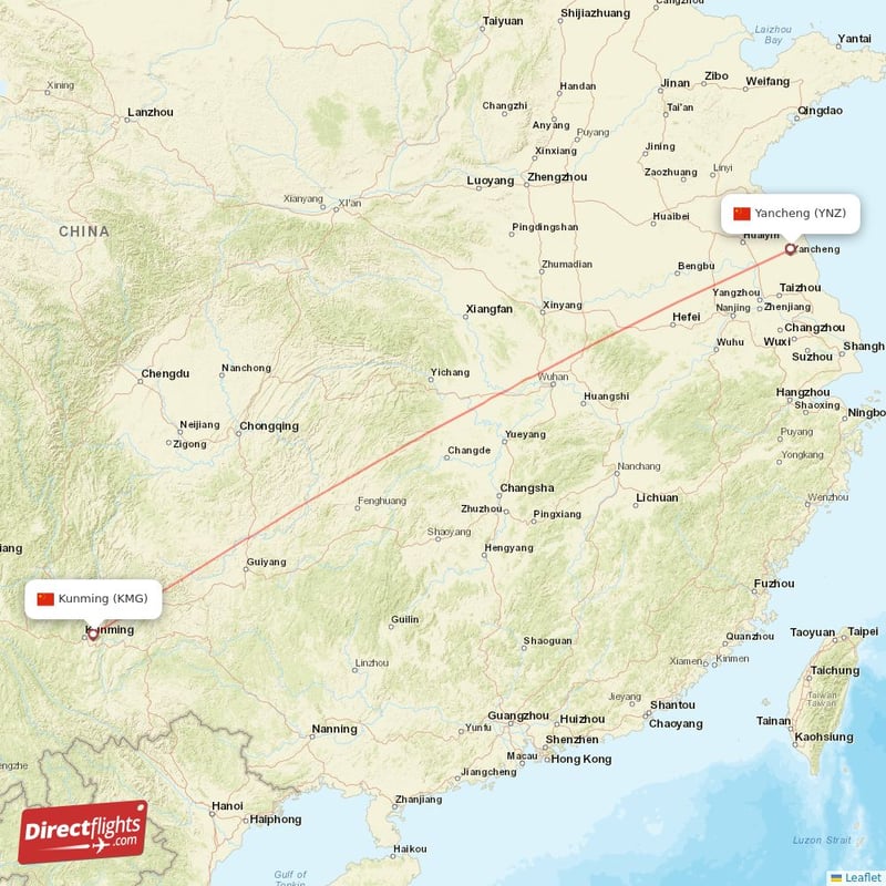 Direct flights from Kunming to Yancheng, KMG to YNZ non-stop - Directflights.com