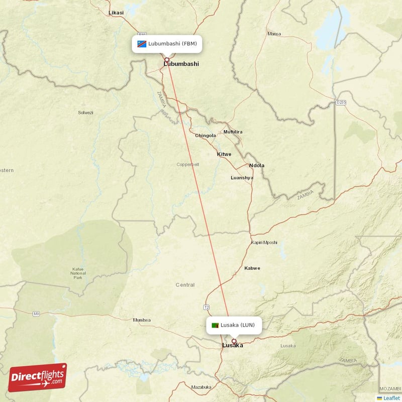 Direct flights from Lusaka to Lubumbashi, LUN to FBM non-stop - Directflights.com