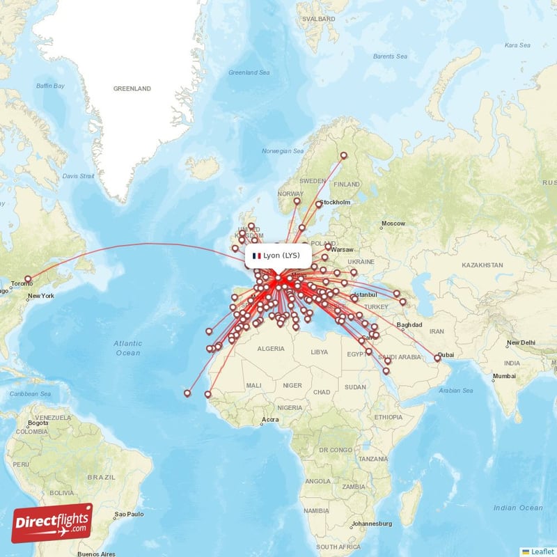 Direct flights from Lyon - 130 destinations - LYS, France - Directflights.com