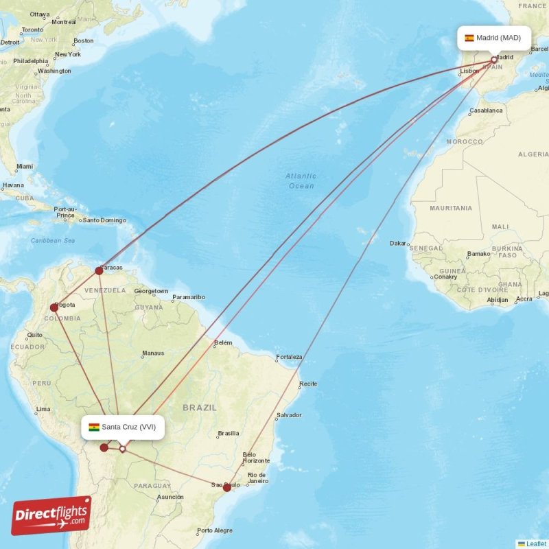 Direct flights from Madrid to Santa Cruz, MAD to VVI non-stop - Directflights.com