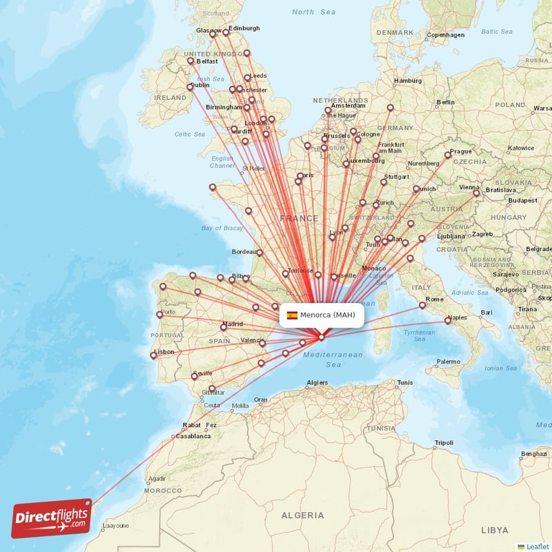 Direct flights from Menorca - 60 destinations - MAH, Spain - Directflights.com