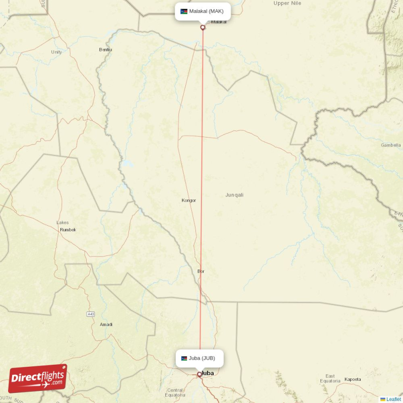 Direct flights from Malakal to Juba, MAK to JUB non-stop ...
