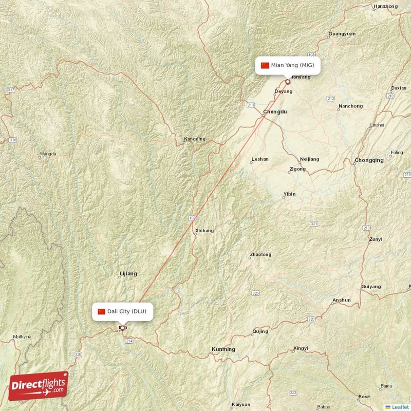 Direct flights from Mian Yang to Dali City (MIG-DLU) - Directflights.com