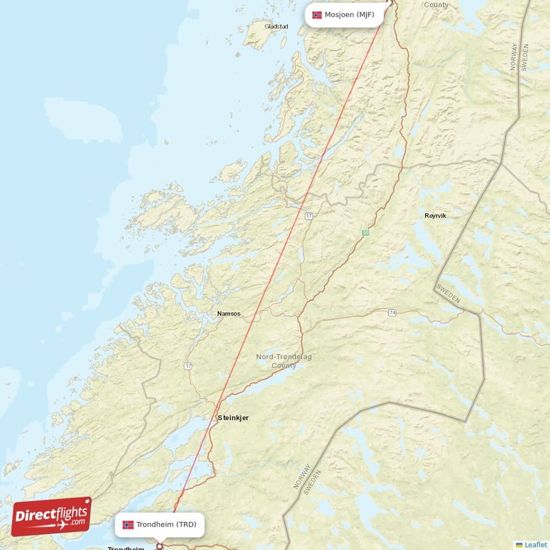 Direct flights from Mosjoen to Trondheim, MJF to TRD non-stop - Directflights.com