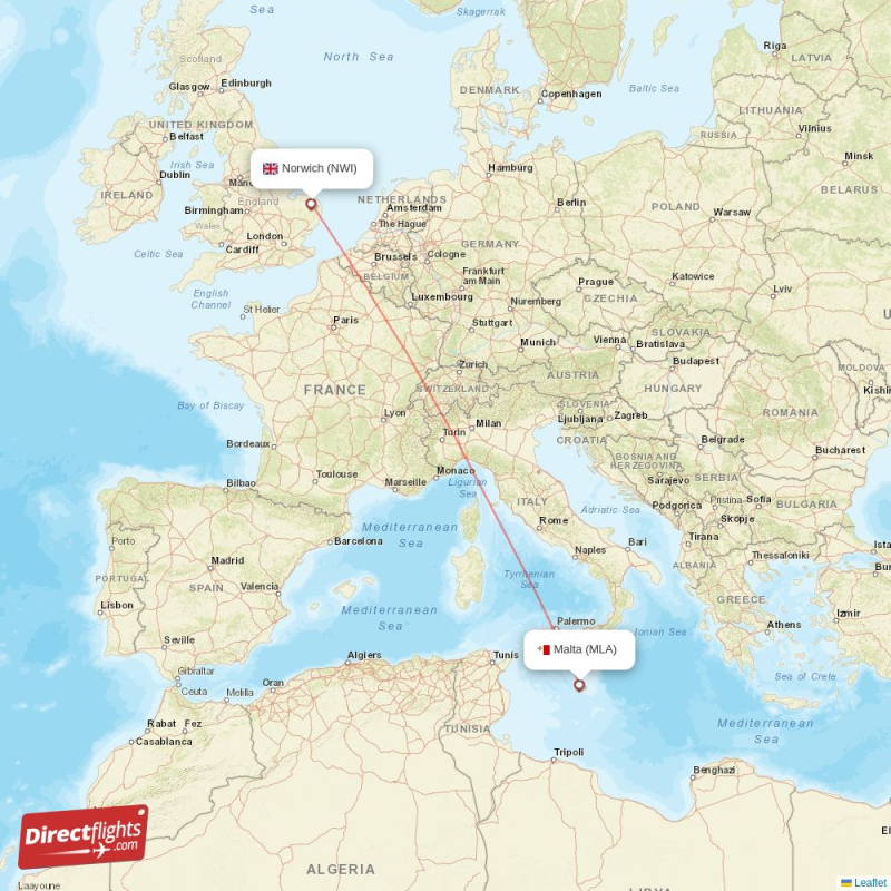 Direct flights from Malta to Norwich, MLA to NWI non-stop ...