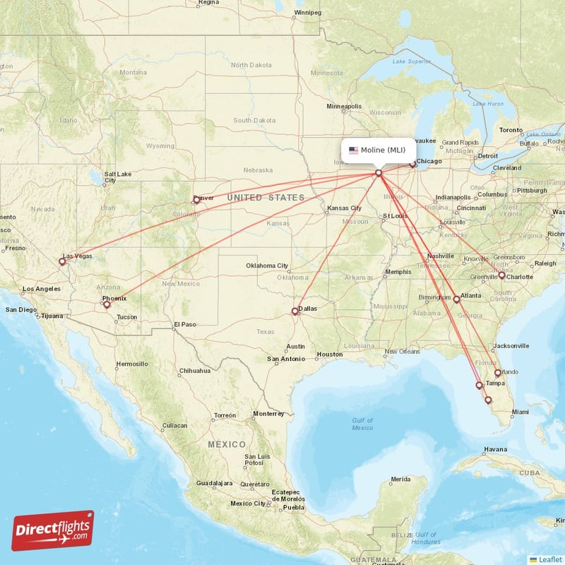 Direct flights from Moline - 11 destinations - MLI, USA - Directflights.com
