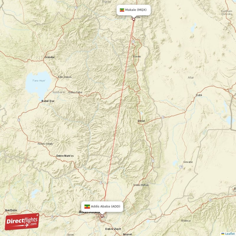Direct flights from Makale to Addis Ababa, MQX to ADD non-stop - Directflights.com