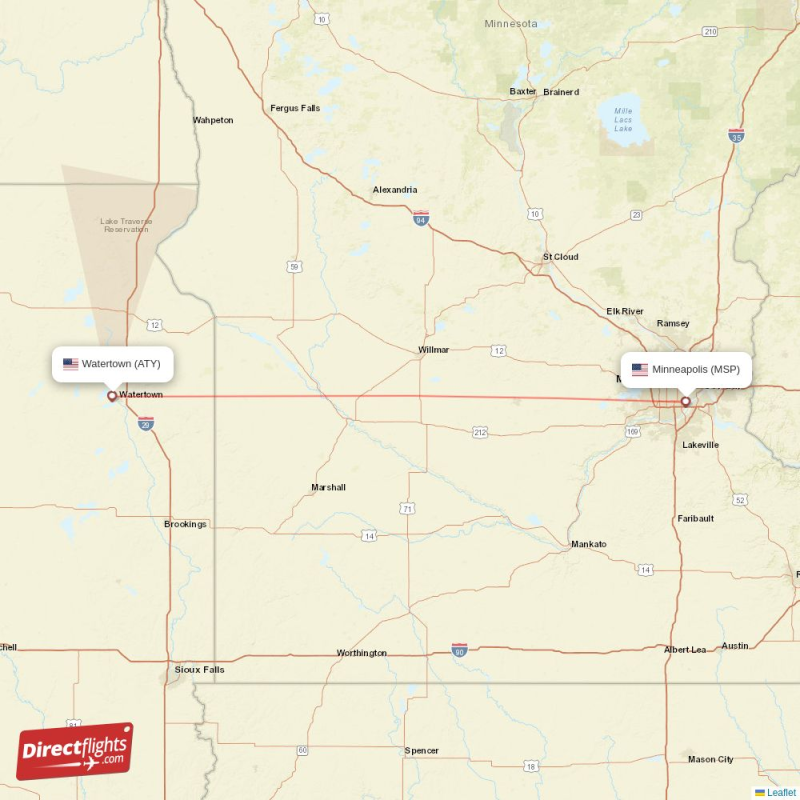 Direct flights from Minneapolis to Watertown (MSP-ATY) - Directflights.com