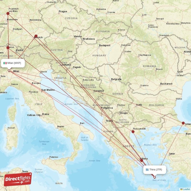Direct flights from Milan to Thira (MXP-JTR) - Directflights.com