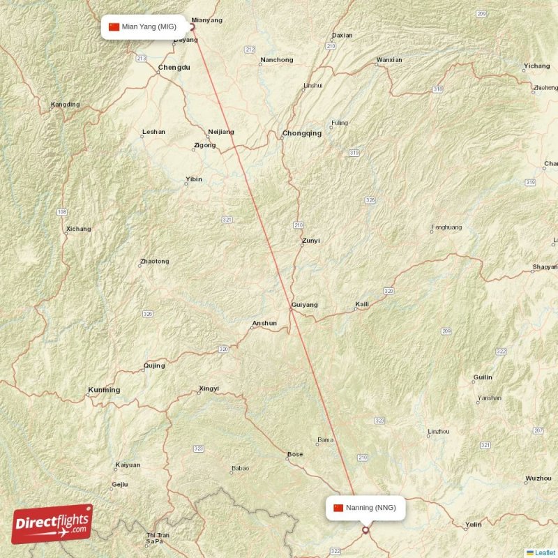 Direct flights from Nanning to Mian Yang (NNG-MIG) - Directflights.com
