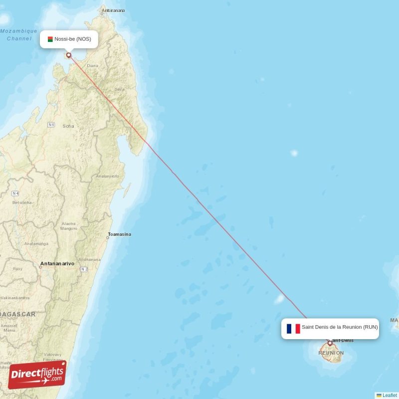 Direct flights from Nossi-be to Saint Denis de la Reunion, NOS to RUN ...