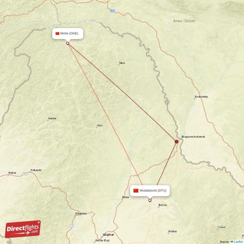 Direct flights from Mohe to Wudalianchi (OHE-DTU) - Directflights.com