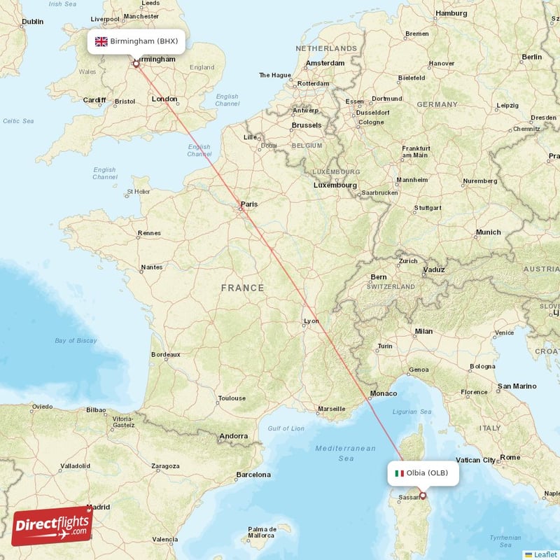 Direct flights from Olbia to Birmingham, OLB to BHX non-stop - Directflights.com