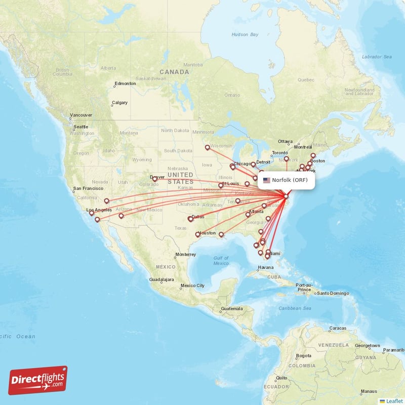 Direct flights from Norfolk - 42 destinations - ORF, USA - Directflights.com