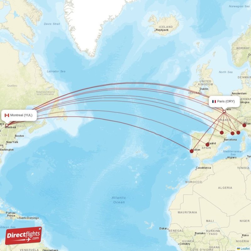 Direct flights from Paris to Montreal (ORY-YUL) - Directflights.com