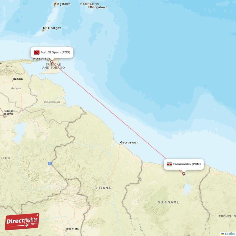 Direct flights from Port Of Spain to Paramaribo, POS to PBM non-stop - Directflights.com