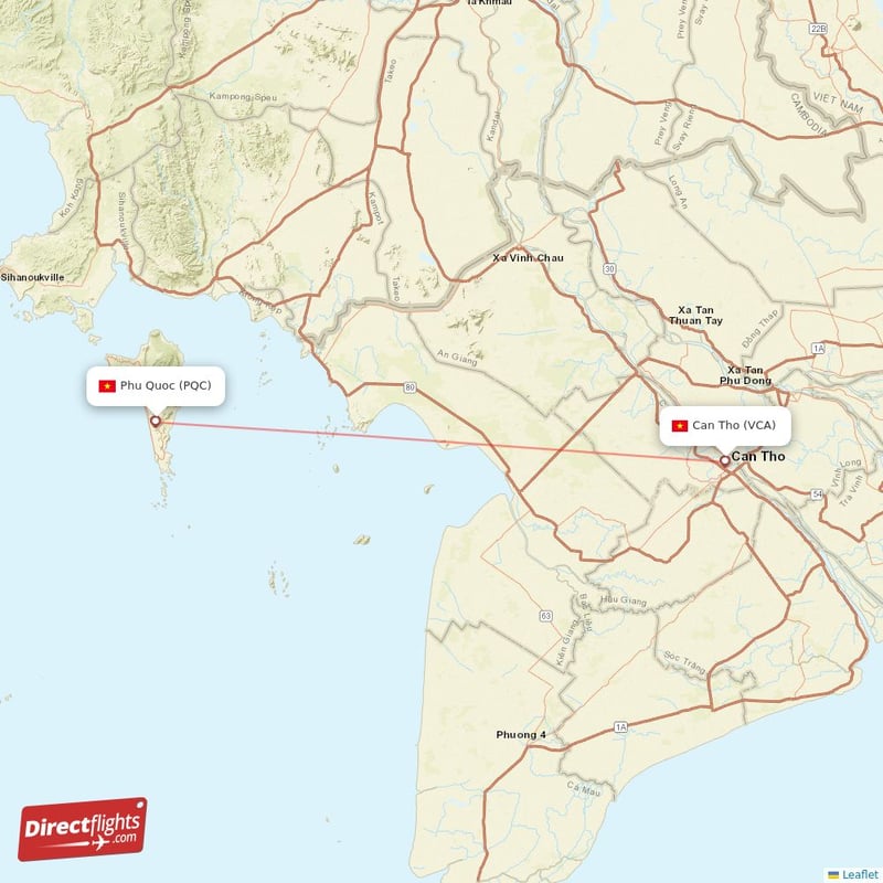 Direct flights from Phu Quoc to Can Tho, PQC to VCA non-stop - Directflights.com