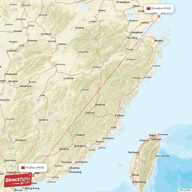 Direct flights from Shanghai to Huizhou, PVG to HUZ non-stop - Directflights.com