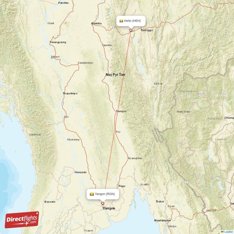 Direct flights from Yangon to Heho, RGN to HEH non-stop - Directflights.com