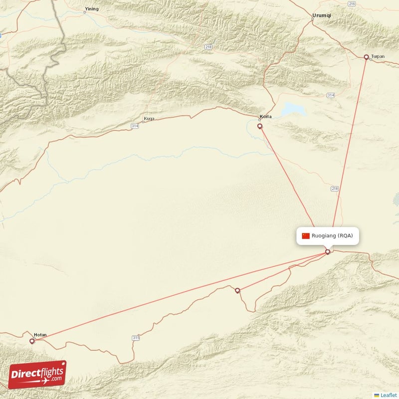 Direct flights from Ruogiang - 4 destinations - RQA, China ...