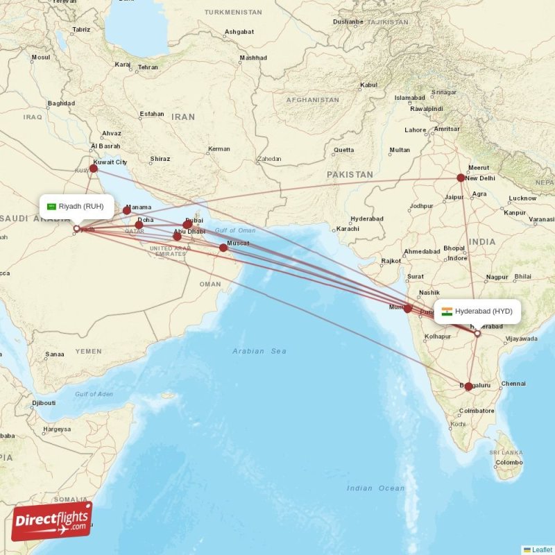 Direct flights from Riyadh to Hyderabad (RUH-HYD) - Directflights.com