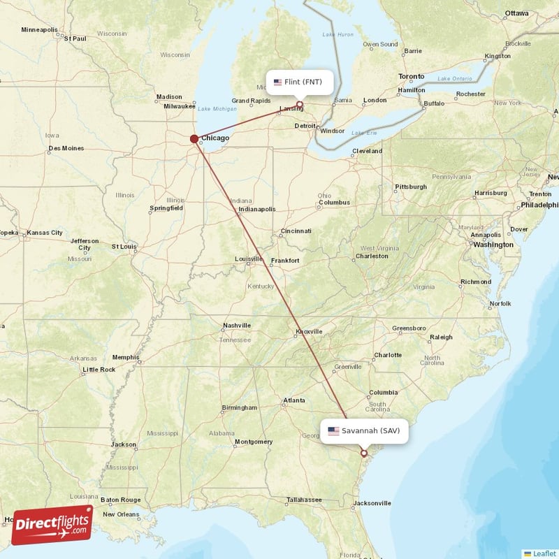 Direct flights from Savannah to Flint, SAV to FNT non-stop - Directflights.com