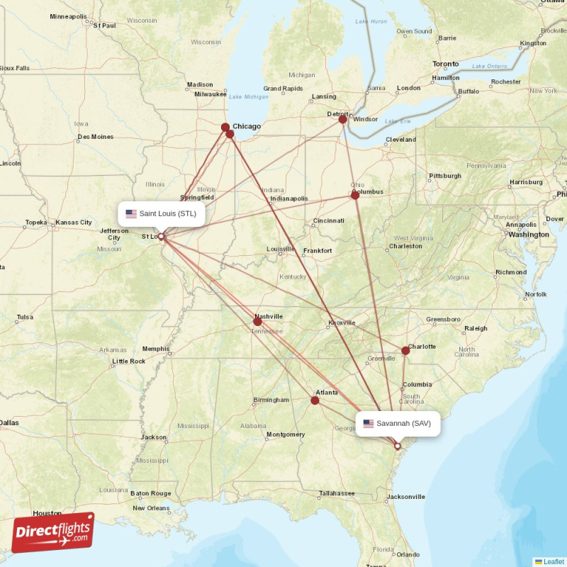 Direct flights from Savannah to Saint Louis (SAV-STL) - Directflights.com