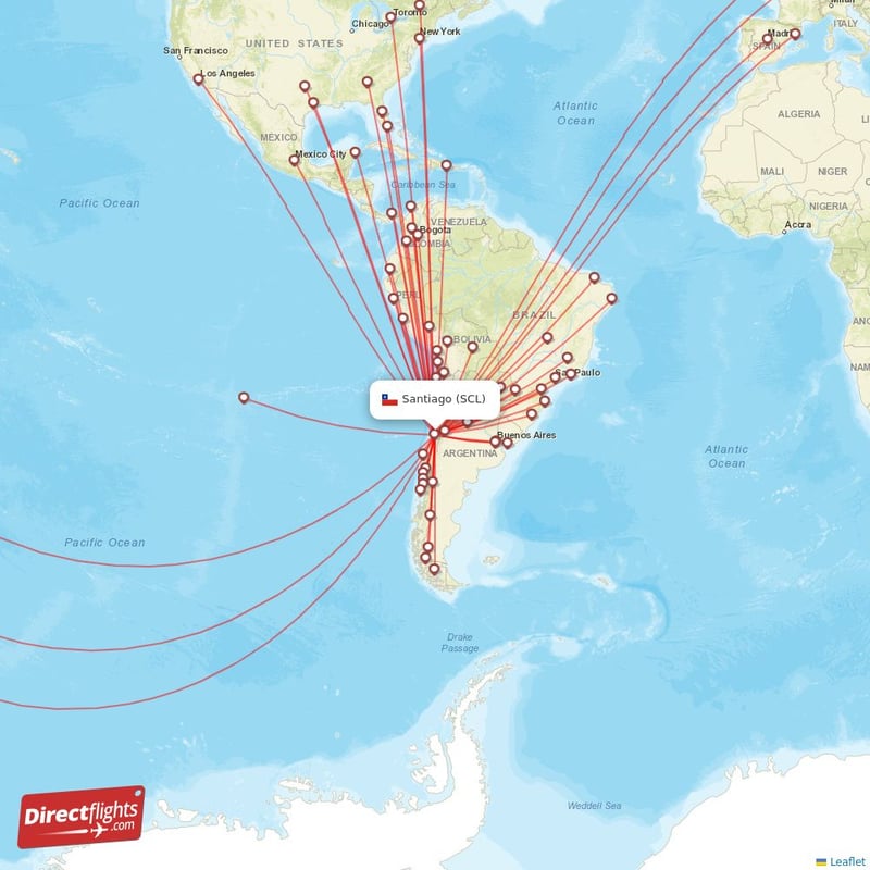 Direct flights from Santiago - 64 destinations - SCL, Chile ...