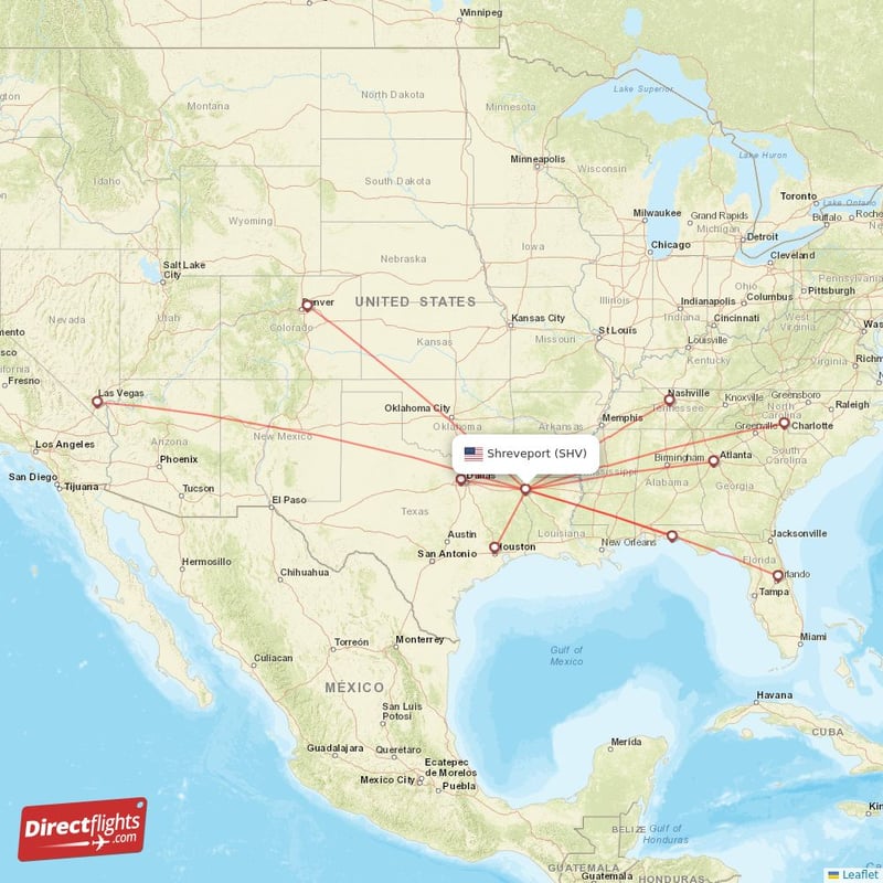 Direct flights from Shreveport - 6 destinations - SHV, USA ...