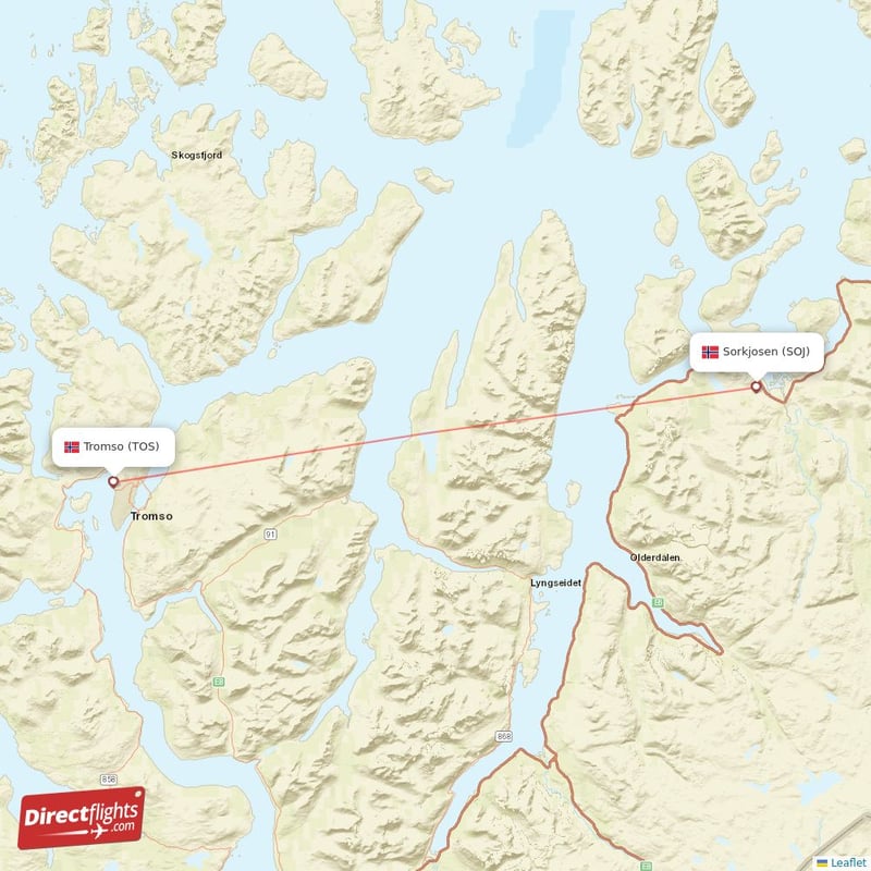 Direct flights from Sorkjosen to Tromso, SOJ to TOS non-stop - Directflights.com