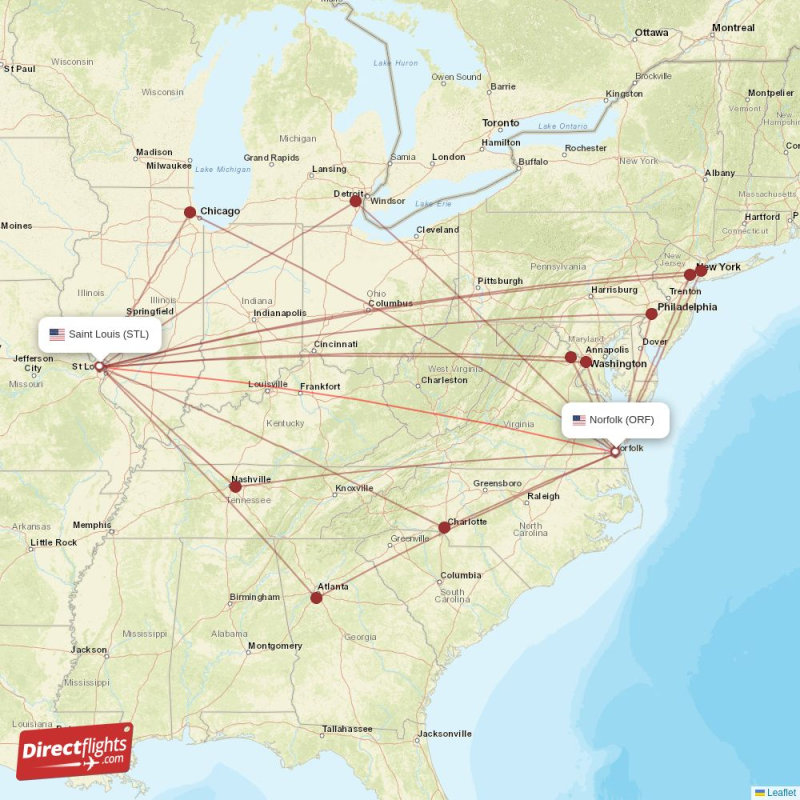 Direct flights from Saint Louis to Norfolk (STL-ORF) - Directflights.com