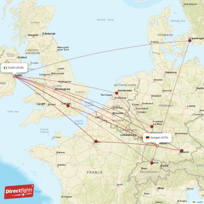 Direct flights from Stuttgart to Dublin (STR-DUB) - Directflights.com