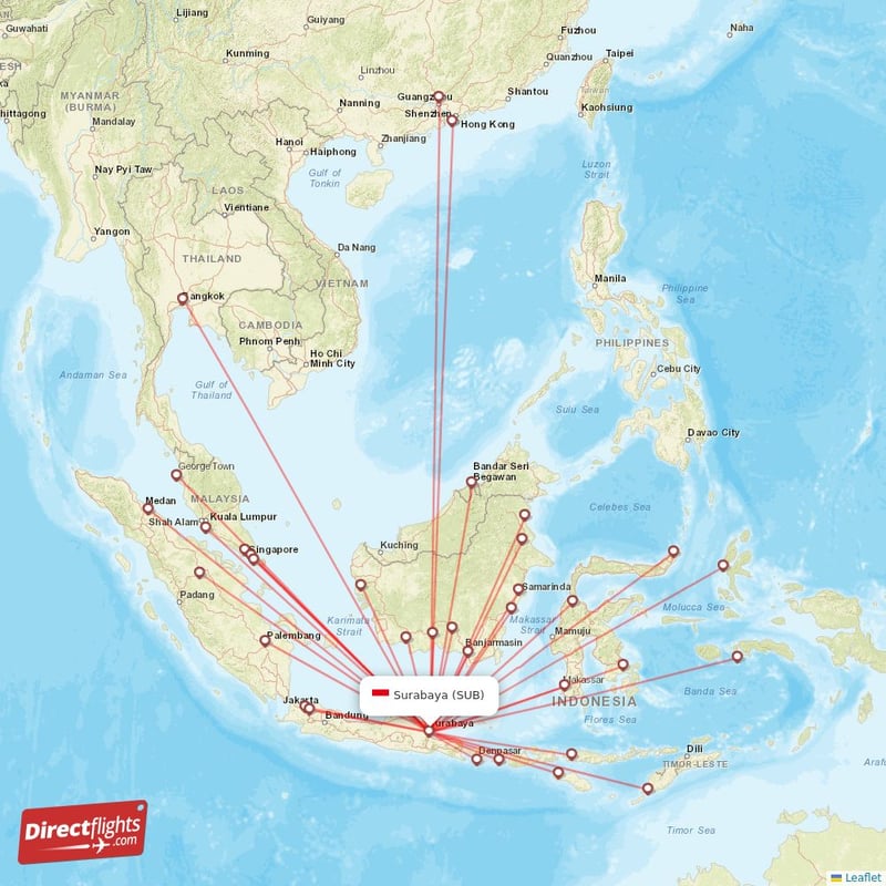 Direct flights from Surabaya - 38 destinations - SUB, Indonesia ...