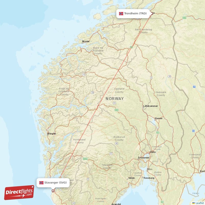 Direct flights from Stavanger to Trondheim, SVG to TRD non-stop - Directflights.com