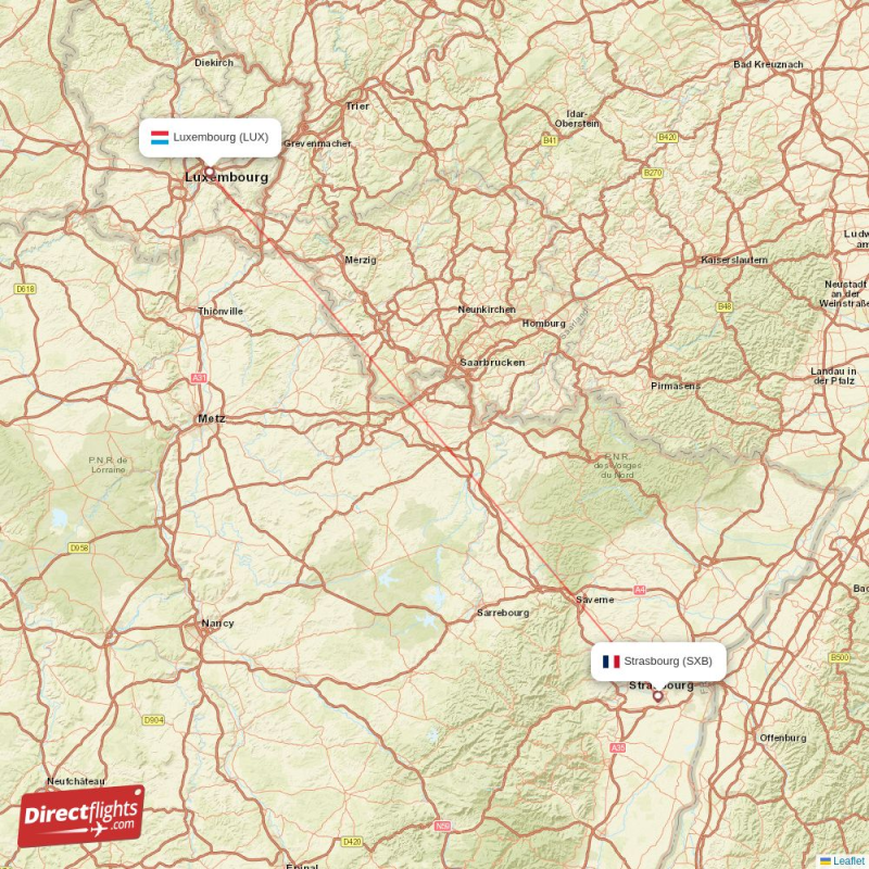 Direct flights from Strasbourg to Luxembourg (SXB-LUX) - Directflights.com