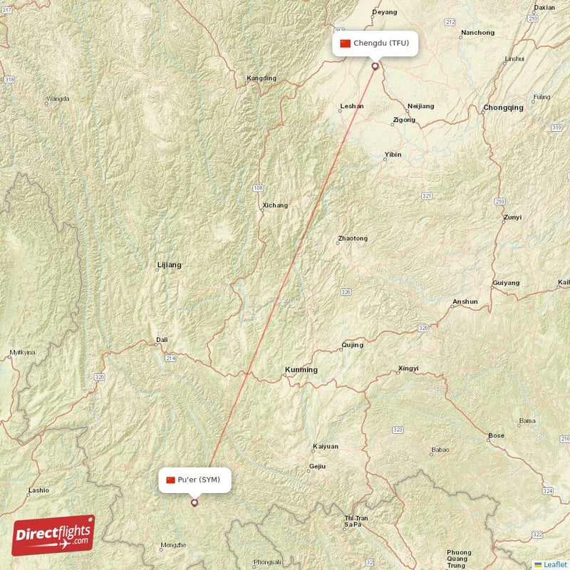 Direct flights from Pu'er to Chengdu, SYM to TFU non-stop ...