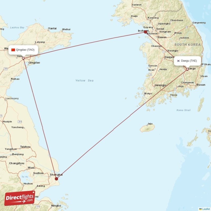 Direct flights from Daegu to Qingdao (TAE-TAO) - Directflights.com