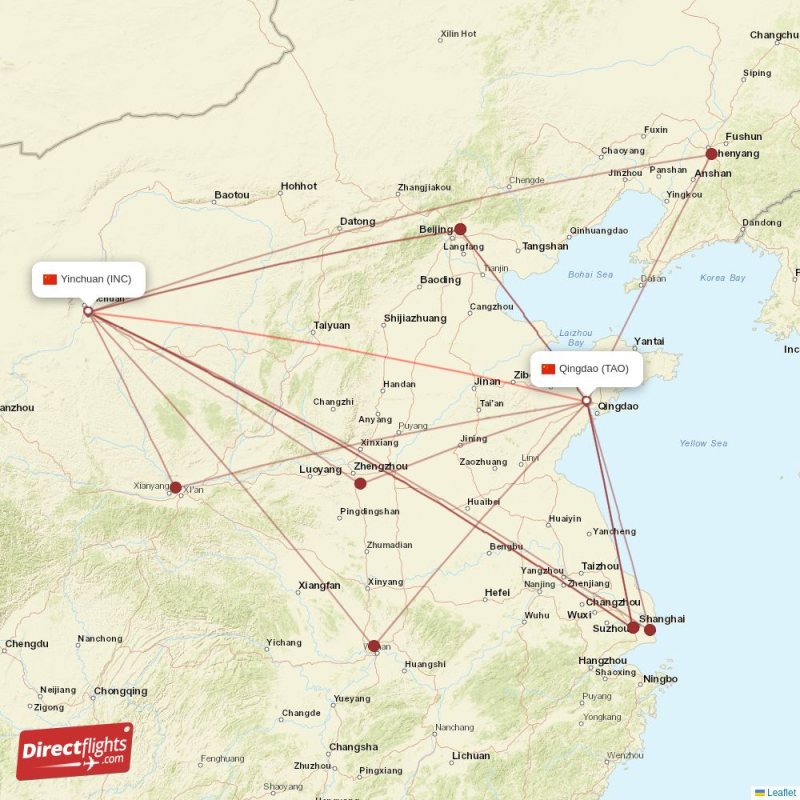 Direct flights from Qingdao to Yinchuan (TAO-INC) - Directflights.com