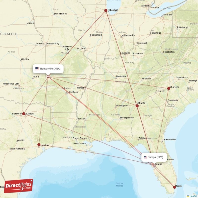 Direct flights from Tampa to Bentonville, TPA to XNA non-stop ...