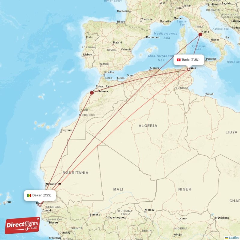 Direct flights from Dakar to Tunis, DSS to TUN non-stop - Directflights.com