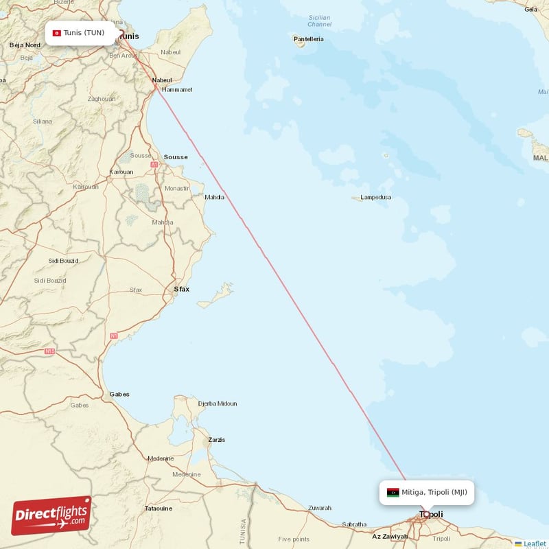 Direct flights from Tunis to Mitiga, Tripoli, TUN to MJI non-stop - Directflights.com